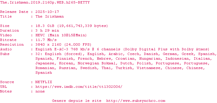 Téléchargez les sous-titres de la release « The.Irishman.2019.2160p.WEB.H265-BETTY » sur SubSynchro