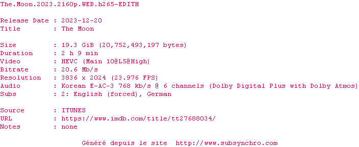 Téléchargez les sous-titres de la release « The.Moon.2023.2160p.WEB.H265-EDITH » sur SubSynchro